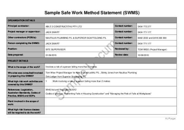 (DOC) Sample Safe Work Method Statement (SWMS) ORGANISATION DETAILS ...