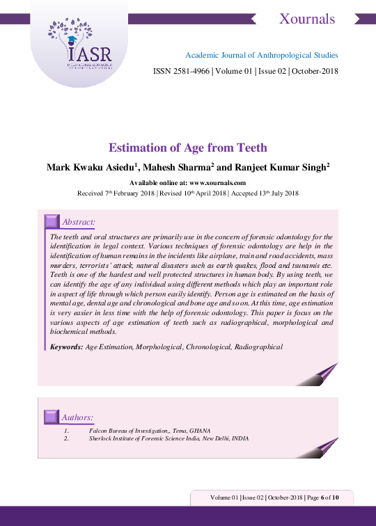 (PDF) Estimation of Age from Teeth
