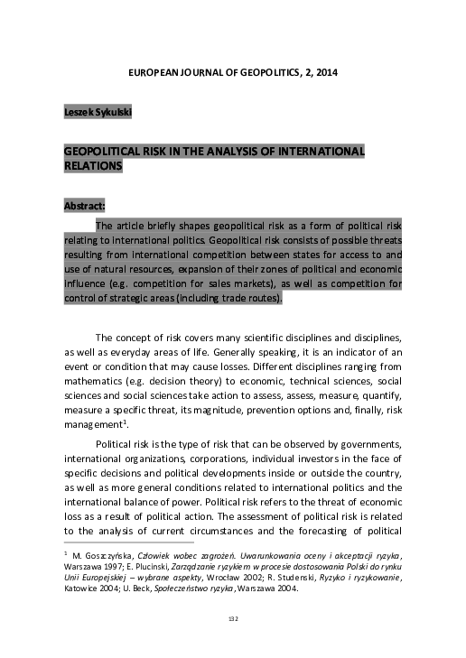 (PDF) Geopolitical Risk in the Analysis of International Relations