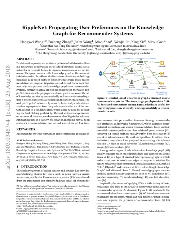 Pdf Ripplenet Propagating User Preferences On The Knowledge Graph For Recommender Systems