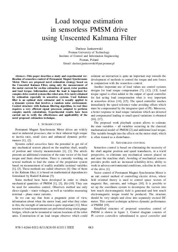 Pdf Load Torque Estimation In Sensorless Pmsm Drive Using Unscented Kalmana Filter