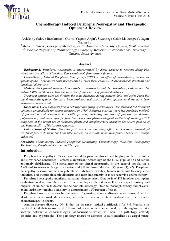 (PDF) Chemotherapy Induced Peripheral Neuropathy and Therapeutic Options: A Review