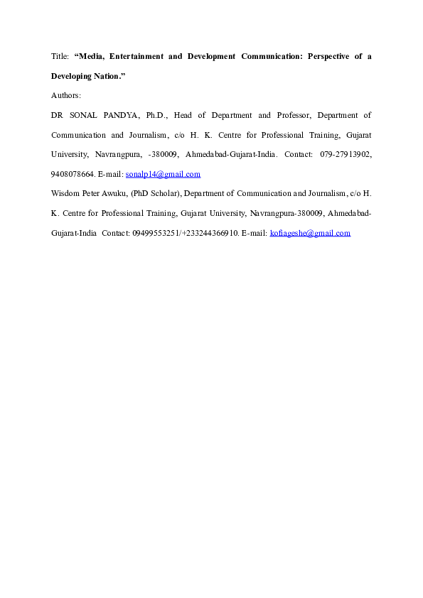(DOC) Title: "Media, Entertainment and Development Communication ...