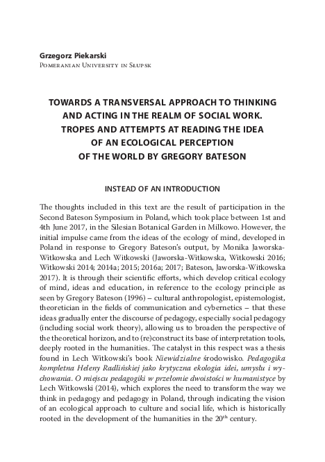 (PDF) TOWARDS A TRANSVERSAL APPROACH TO THINKING AND ACTING IN THE ...
