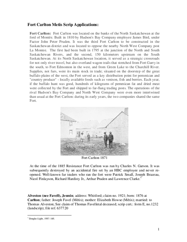 (PDF) Fort Carlton Metis Scrip Applications
