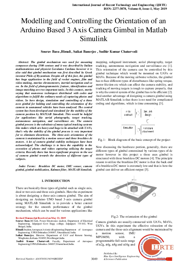 Pdf Modelling And Controlling The Orientation Of An Arduino Based 3 Axis Camera Gimbal In