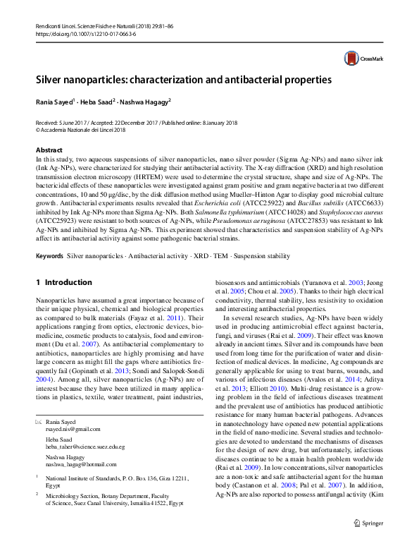 (PDF) Silver nanoparticles: characterization and antibacterial properties