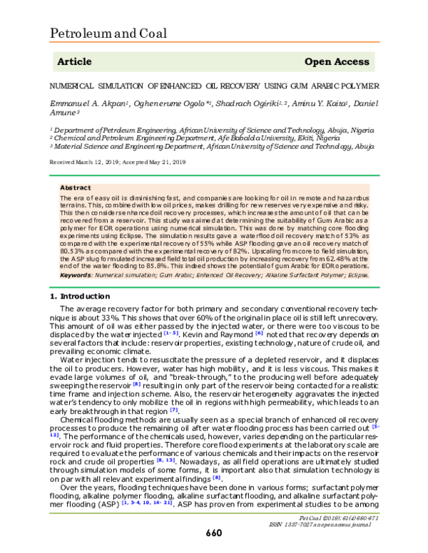 Pdf Numerical Simulation Of Enhanced Oil Recovery Using Gum Arabic Polymer