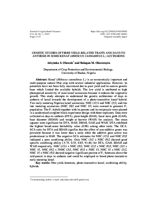 (PDF) GENETIC STUDIES OF FIBRE YIELD-RELATED TRAITS AND DAYS TO ...