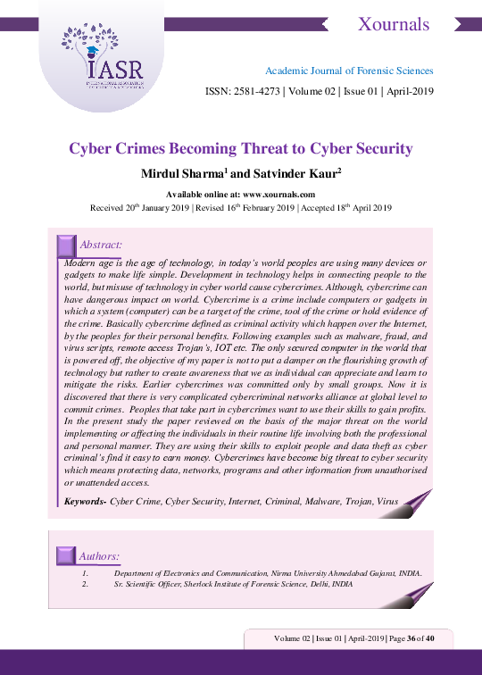 (PDF) Cyber Crimes Becoming Threat to Cyber Security
