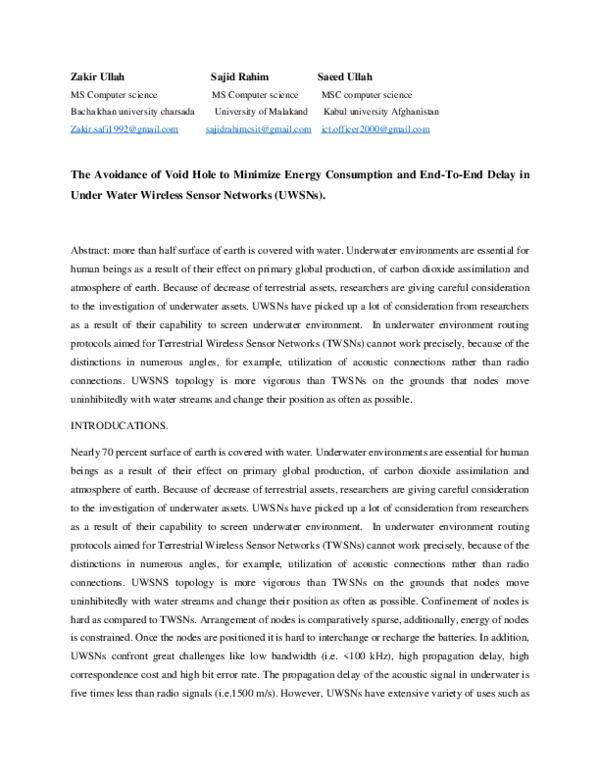 (PDF) The Avoidance of Void Hole to Minimize Energy Consumption and End-To-End Delay in Under ...