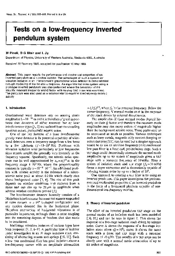 (PDF) Tests on a low-frequency inverted pendulum system