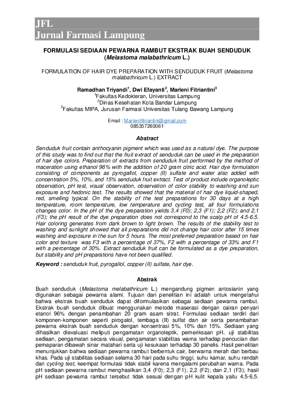 (PDF) FORMULASI SEDIAAN PEWARNA RAMBUT EKSTRAK BUAH SENDUDUK (Melastoma ...