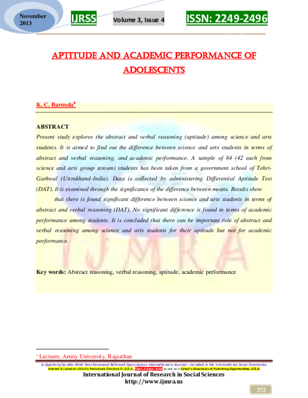(PDF) APTITUDE AND ACADEMIC PERFORMANCE OF ADOLESCENTS