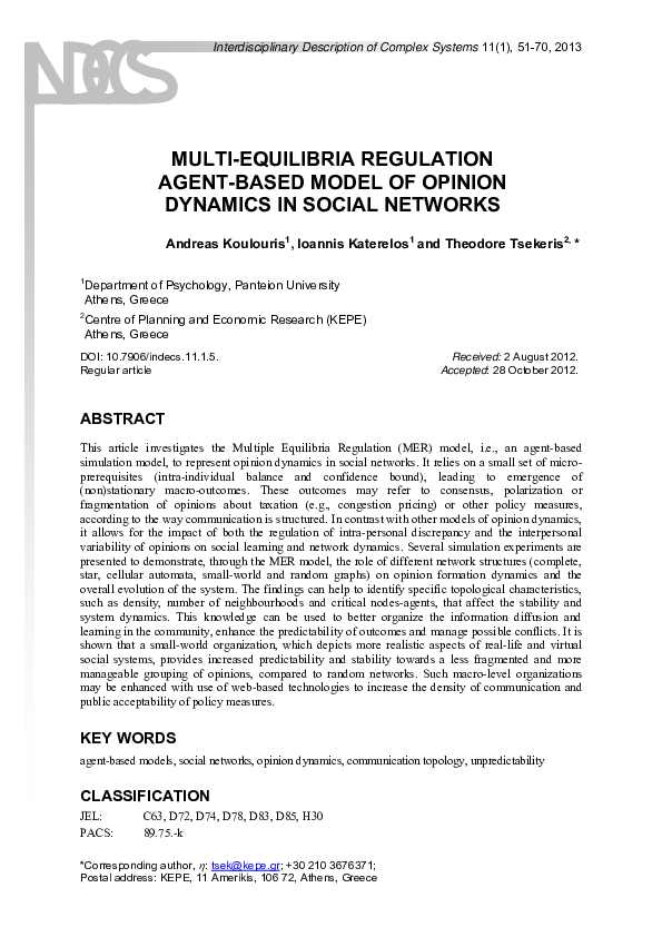 Pdf Multi Equilibria Regulation Agent Based Model Of Opinion