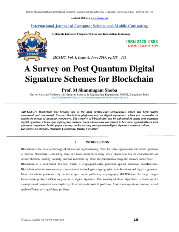 (PDF) A Survey on Post Quantum Digital Signature Schemes for Blockchain﻿