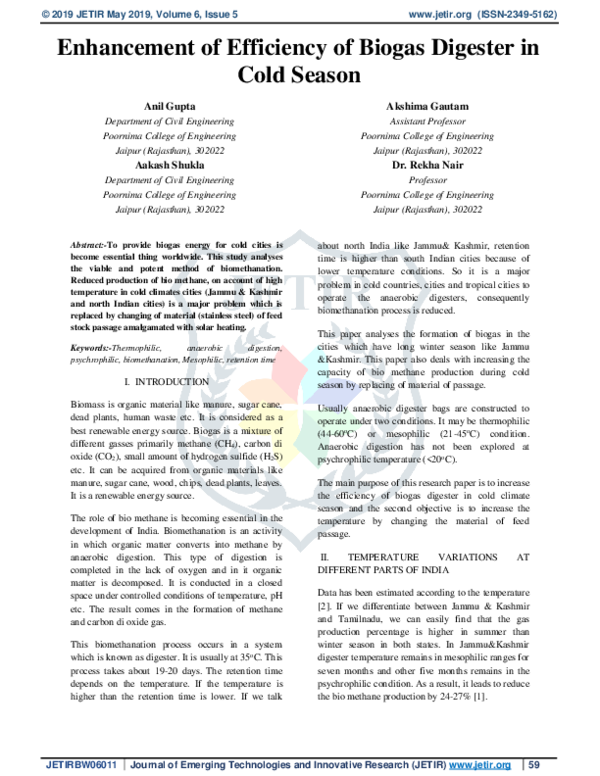 (PDF) Enhancement of Efficiency of Biogas Digester in Cold Season