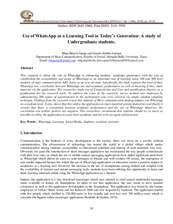 (PDF) Use of WhatsApp as a Learning Tool in Today's Generation: A study ...
