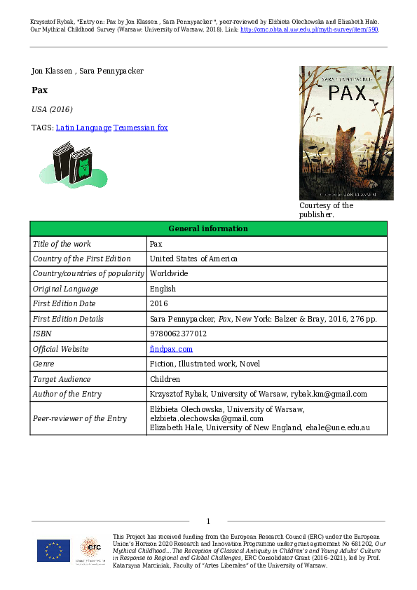 (PDF) Entry on: Pax by Jon Klassen, Sara Pennypacker