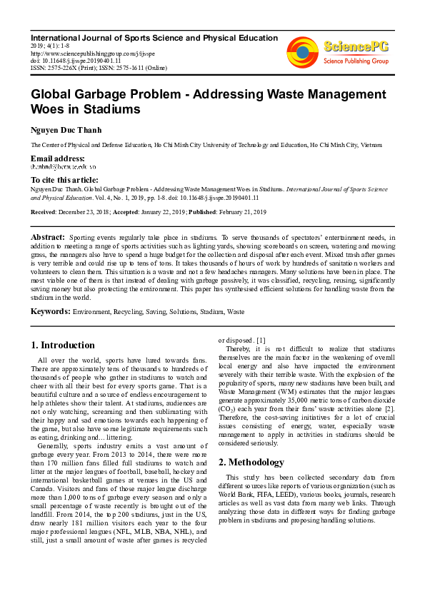 (PDF) Global Garbage Problem -Addressing Waste Management Woes in Stadiums