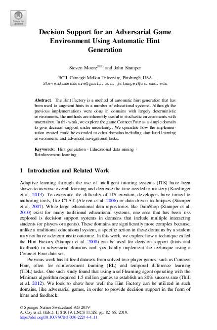 (PDF) Decision Support for an Adversarial Game Environment Using Automatic Hint Generation