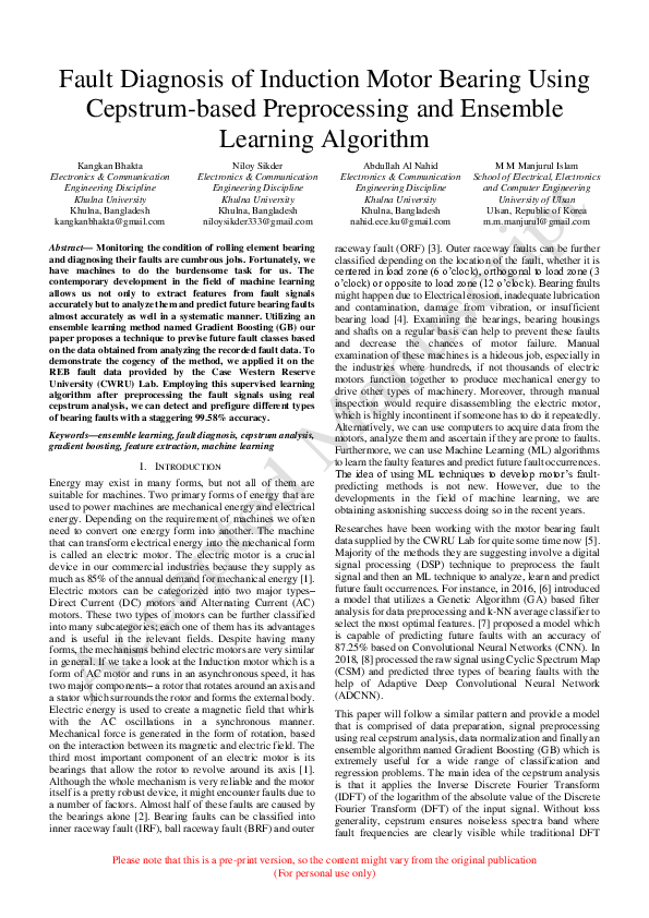 (PDF) Fault Diagnosis of Induction Motor Bearing Using Cepstrum-based Preprocessing and Ensemble ...