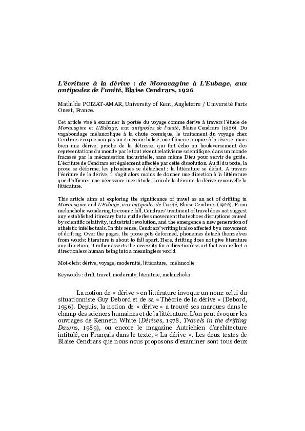 (DOC) L'écriture à la dérive: de Moravagine à L'Eubage, aux antipodes ...