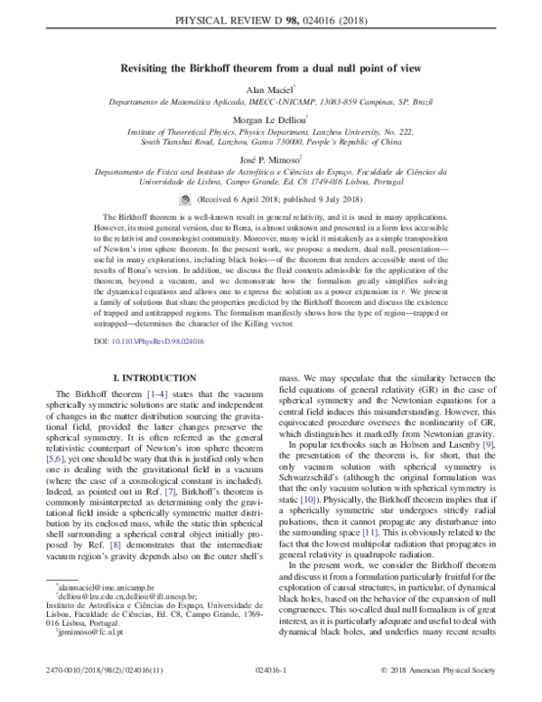 (PDF) Revisiting the Birkhoff theorem from a dual null point of view