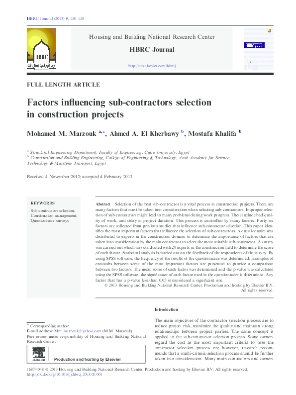 (PDF) Factors influencing sub-contractors selection in construction ...