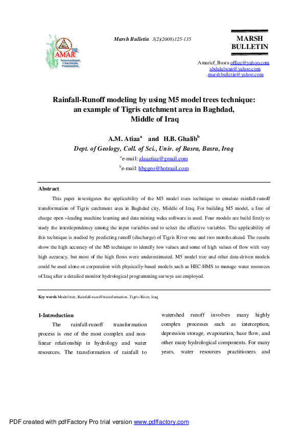 (PDF) MARSH BULLETIN Rainfall-Runoff modeling by using M5 model trees technique: an example of ...