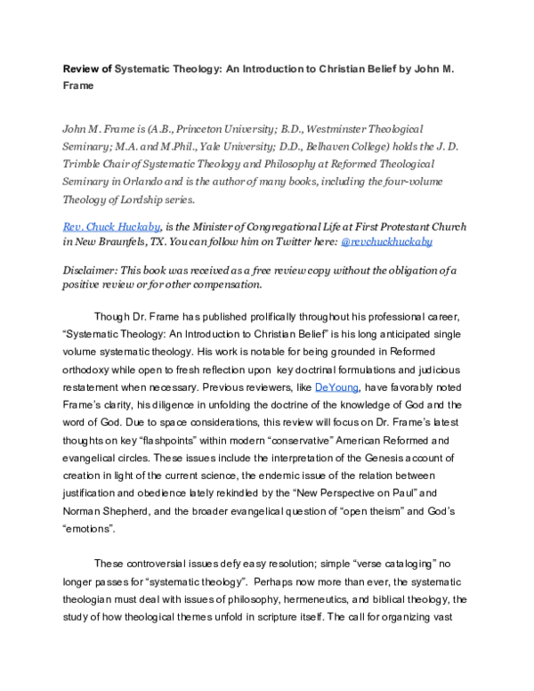 (PDF) Review of Frame's Systematic Theology:An Introduction to ...