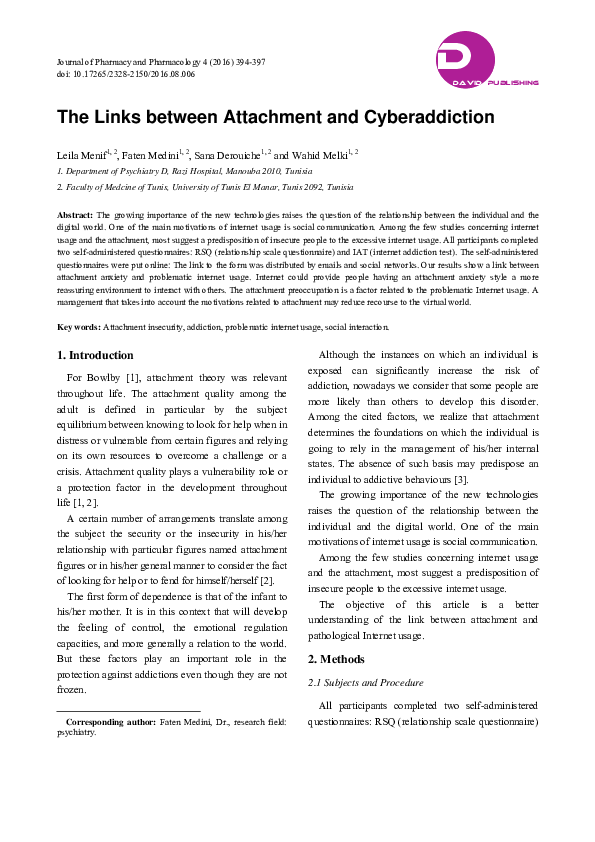 (PDF) The Links between Attachment and Cyberaddiction