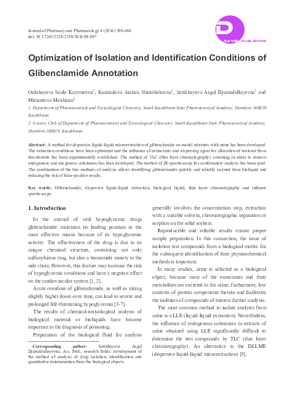 Pdf Optimization Of Isolation And Identification Conditions Of Glibenclamide Annotation