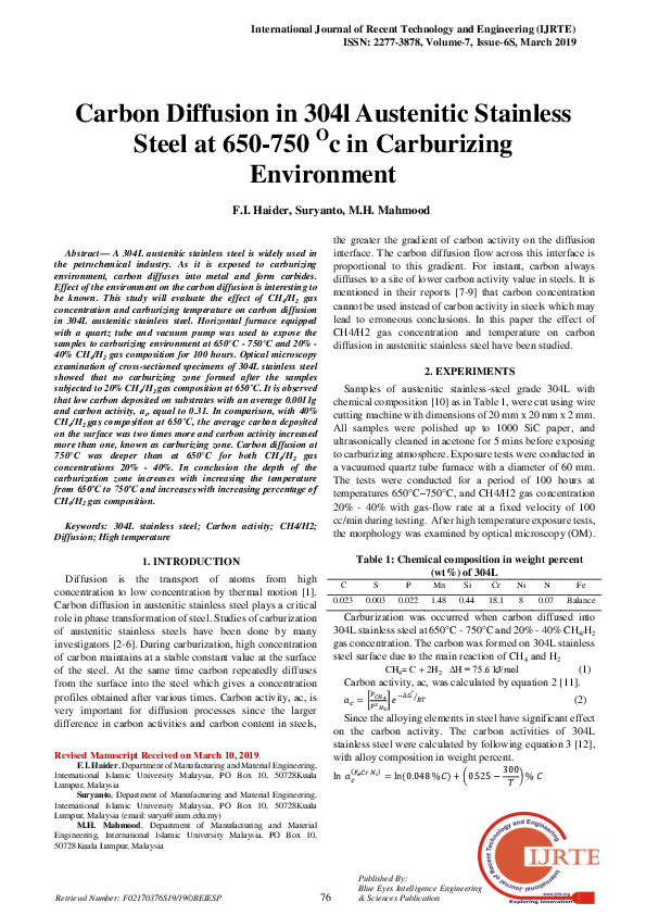 (PDF) Carbon diffusion in 304L austenitic stainless steel at 650-750 °C in carburizing environment