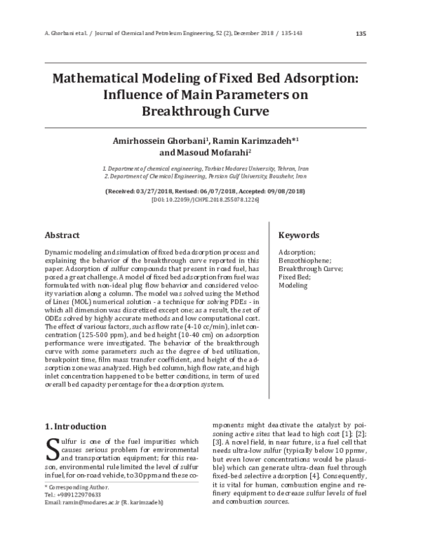 (PDF) Mathematical Modeling of Fixed Bed Adsorption: Breakthrough Curve