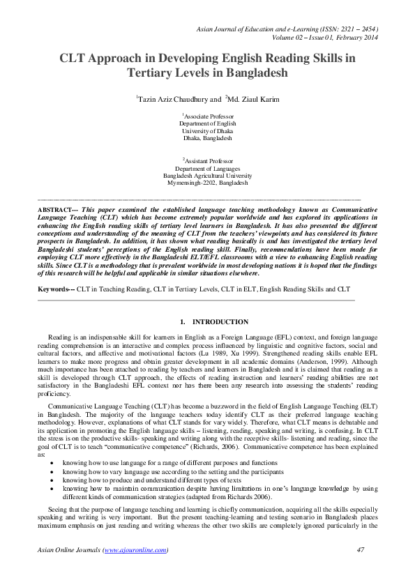 (PDF) CLT Approach in Developing English Reading Skills in Tertiary ...