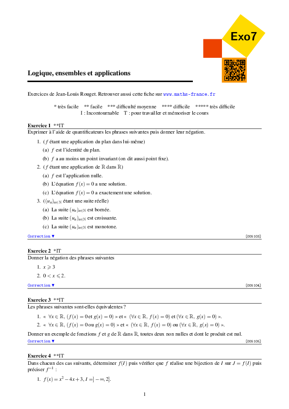 (PDF) Exo7 Logique, ensembles et applications * très facile ** facile *** difficulté moyenne ...