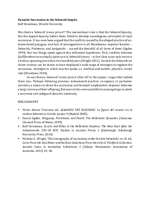(PDF) Dynastic Succession in the Seleucid Empire (2019)