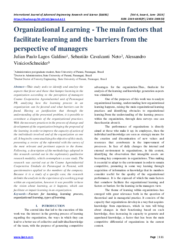 (PDF) Organizational Learning - The main factors that facilitate ...