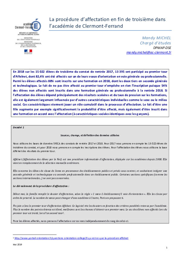 (PDF) La procédure d'affectation post-troisieme dans l’académie de Clermont-Ferrand