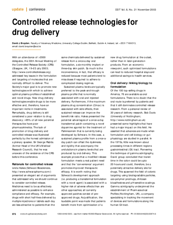 (PDF) Controlled release technologies for drug delivery