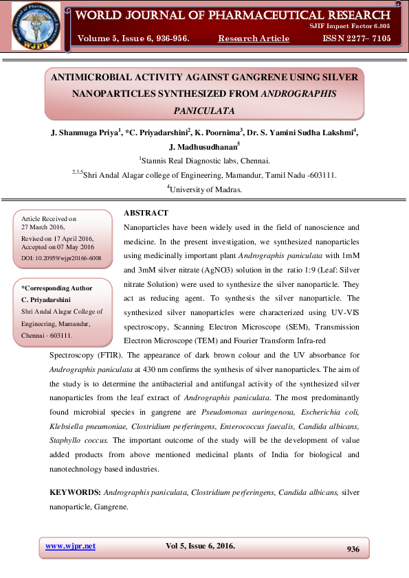 (PDF) ANTIMICROBIAL ACTIVITY AGAINST GANGRENE USING SILVER NANOPARTICLES SYNTHESIZED FROM ...