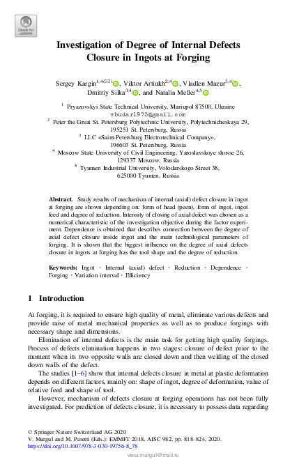 (PDF) Investigation of Degree of Internal Defects Closure in Ingots at ...