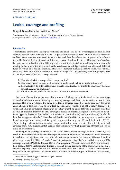 (PDF) Lexical coverage and profiling