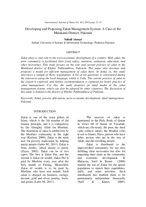 Pdf Developing And Proposing Zakat Management System A Case Of The Malakand District Pakistan