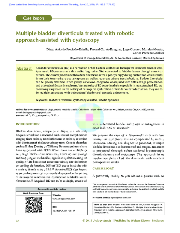 (PDF) Multiple bladder diverticula treated with robotic approach-assisted with cystoscopy ...