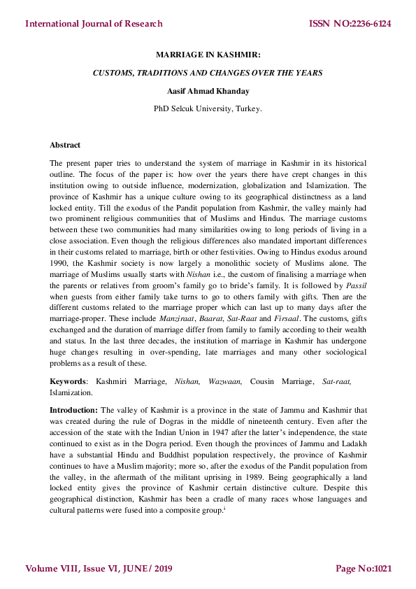 (PDF) MARRIAGE IN KASHMIR: CUSTOMS, TRADITIONS AND CHANGES OVER THE YEARS