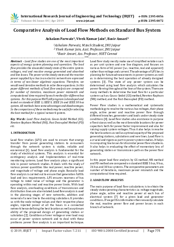 Pdf Irjet Comparative Analysis Of Load Flow Methods On Standard Bus System