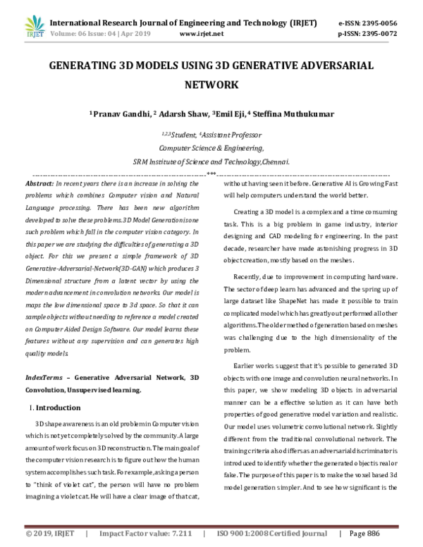 (PDF) IRJET- GENERATING 3D MODELS USING 3D GENERATIVE ADVERSARIAL NETWORK