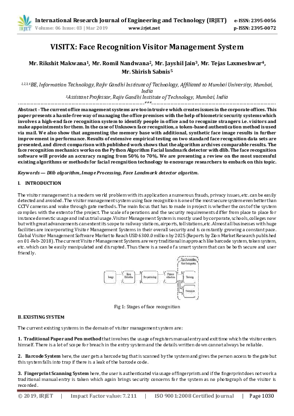 (PDF) IRJET- VISITX: Face Recognition Visitor Management System | IRJET Journal - Academia.edu